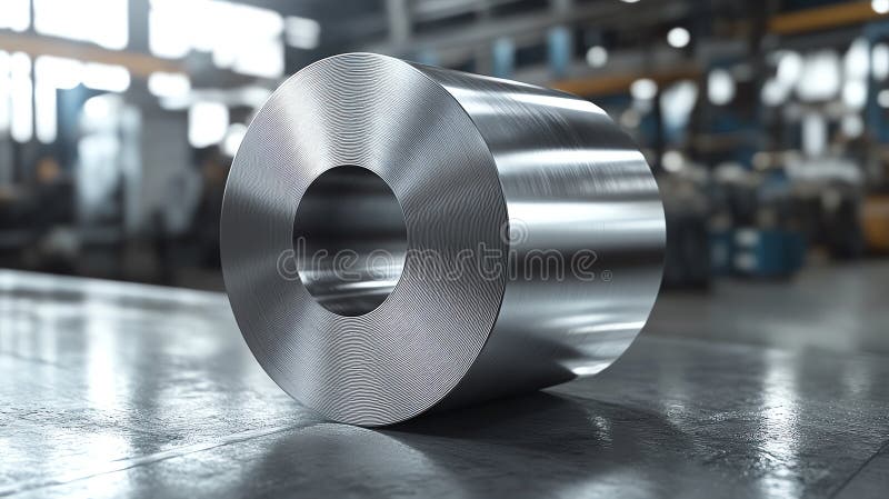 Close-up of a Shiny Metal Roll on a Factory Floor, Showcasing Precision Engineering Stock ...