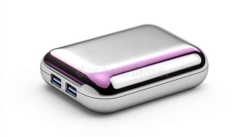Close-up of Shiny Metallic Device with USB Ports on an Isolated White ...