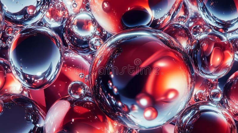 Close-up of Shiny, Reflective Bubbles in Red Hues Creating a Vibrant ...