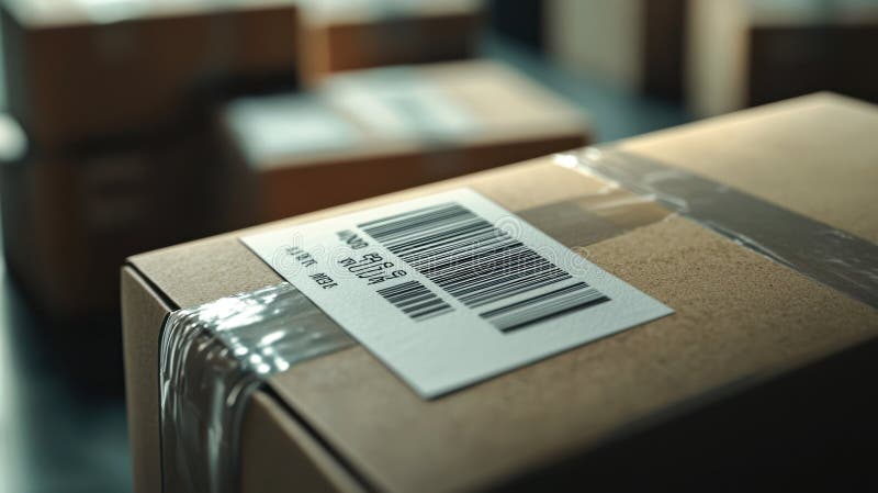 Close Up of Shipping Box with Barcode and Delivery Label Ready for ...