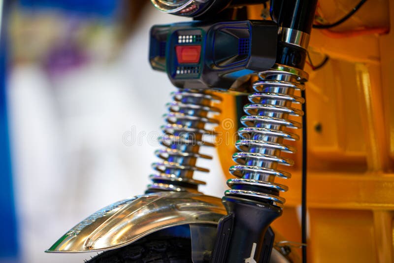 Close-up of Shock Absorber Suspension Spring on Motorcycle Front Wheel ...