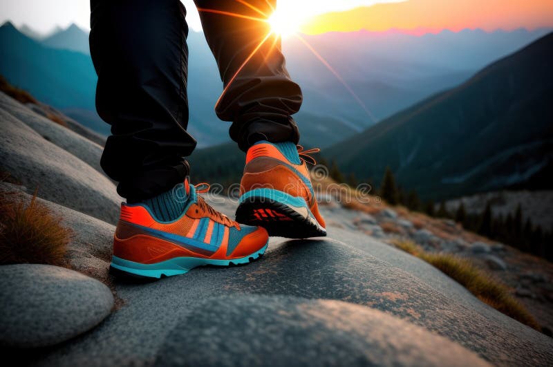 Close Up on Shoe Runner Athlete Feet Running on Mountain. AI Stock ...
