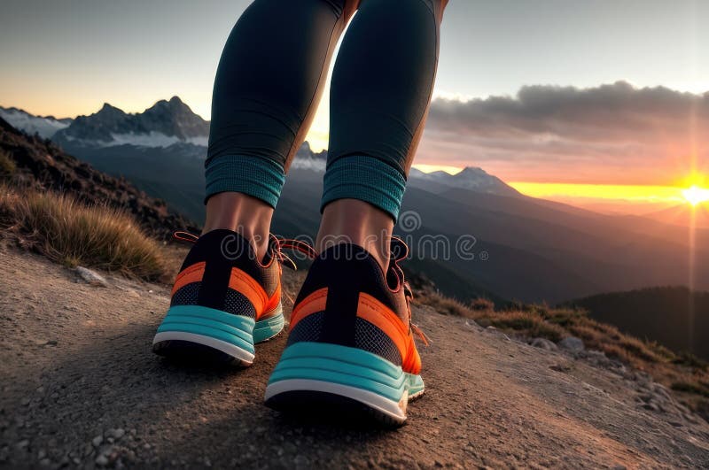 Close Up on Shoe Runner Athlete Feet Running on Mountain. AI Stock ...