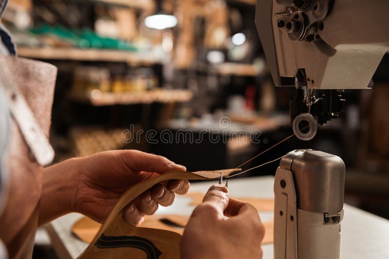 Close Up of a Shoemaker Using Sewing Machine Stock Image - Image of ...