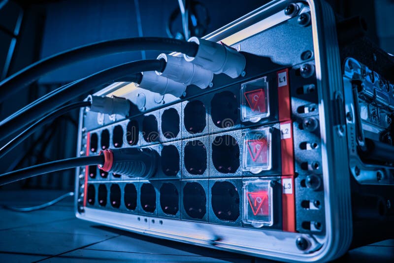 Close-up Shot of Audio Connectors on a Power Distributor Box in a ...