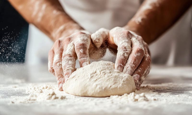 A Baker S Hands, Dusted with Flour, Expertly Knead a Ball of Dough into ...