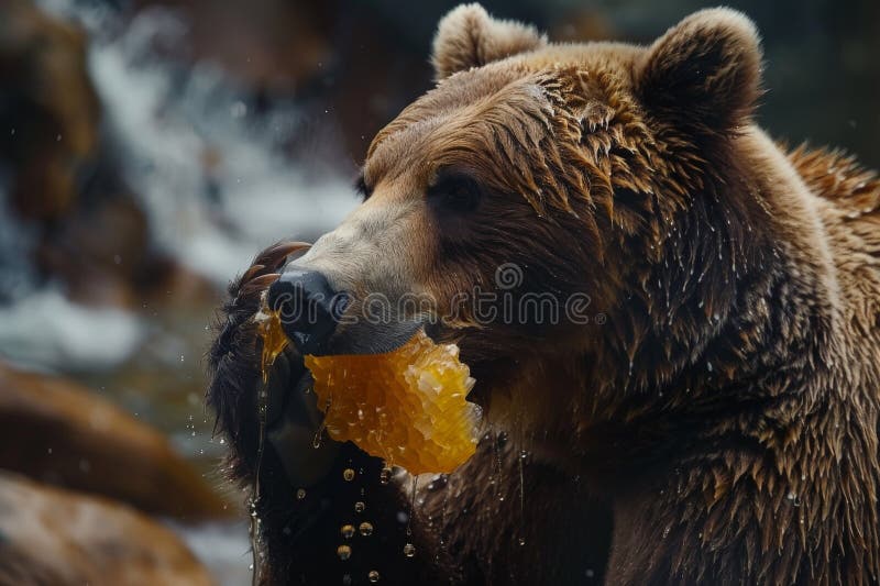 Close Up Shot of a Bear is Eating Honeycomb from a Tree Stock Photo ...