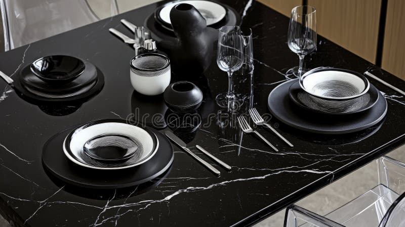 Elegant Table Setting with Black and White Dinnerware Stock Image ...