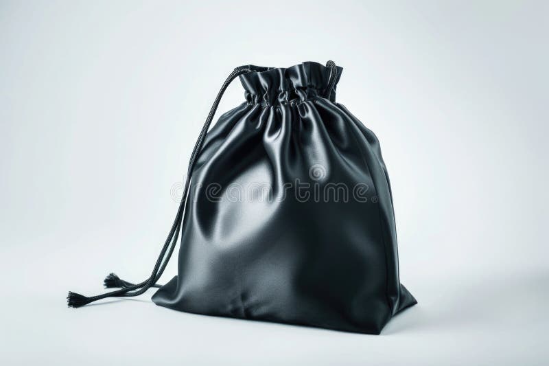 A Close-up Shot of a Black Drawstring Bag on a Plain White Background ...