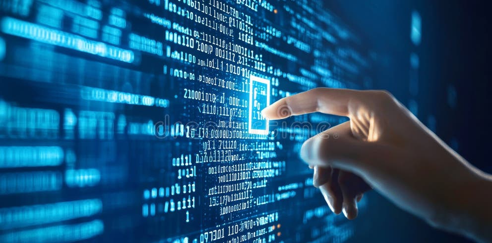 This is a Close Up Shot of a Black Gloved Hand Pointing at Glowing Programming Code Against a ...