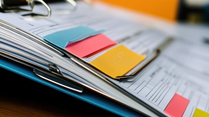 Close Up of a Blue Binder with Colorful Sticky Notes and Papers Stock ...