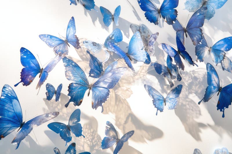 Blue Morpho Butterflies in Flight on a White Surface Stock Illustration ...