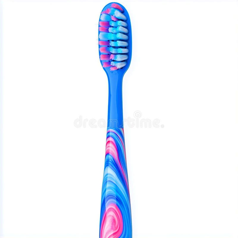 A Close Up Shot of a Blue Toothbrush with Pink and Blue Bristles on a ...