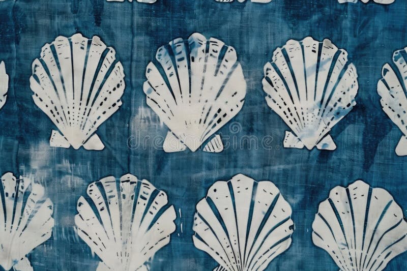 Close-up Shot of Blue and White Fabric Featuring Shells Stock Image ...