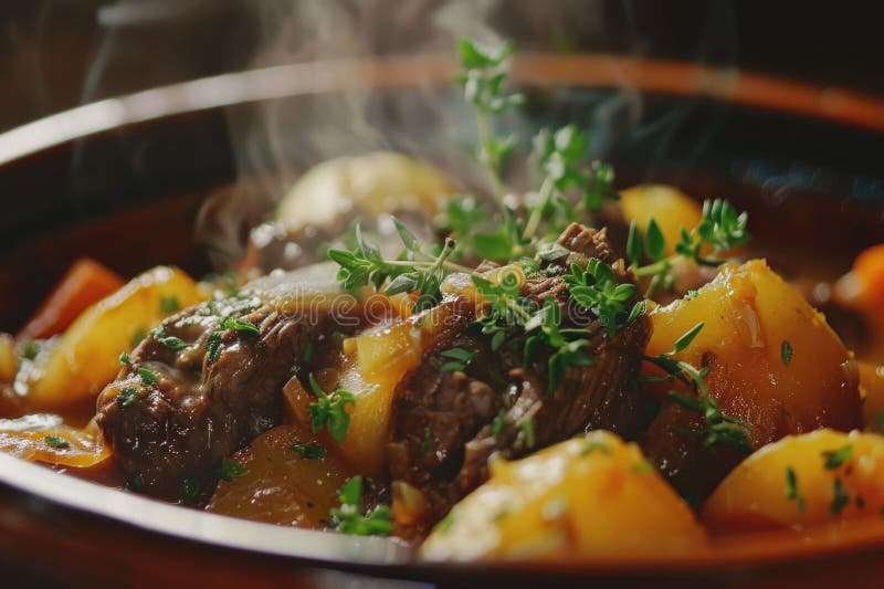 A Close-up Shot of a Bowl Filled with Cooked Meat and Potatoes Stock ...