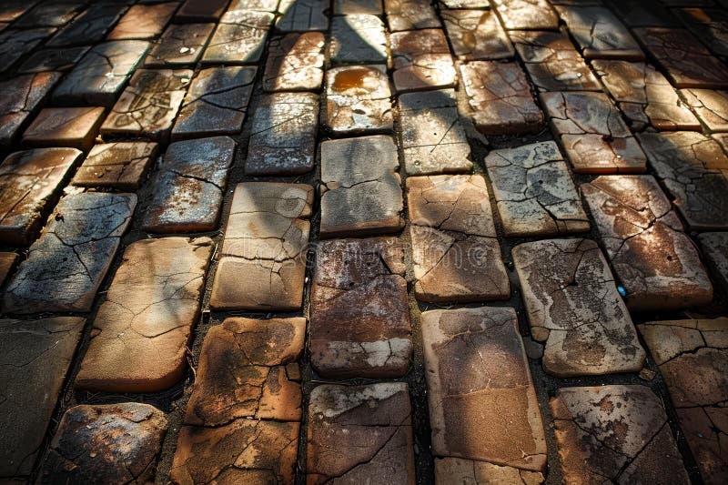 A Close-up Shot of a Brick Path with Sunlight Casting Shadows, Sunlight ...