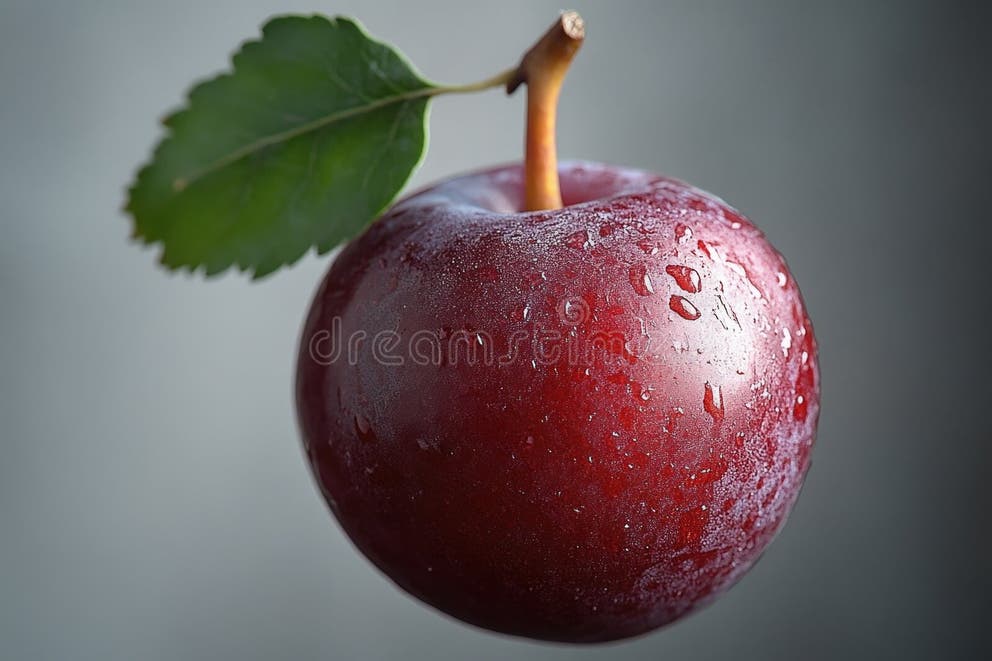 A Close-up Shot of a Bright Red Apple with a Single Leaf Attached Stock ...