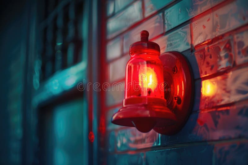 A Close-up Shot of a Bright Red Light Shining on a Brick Wall Stock ...