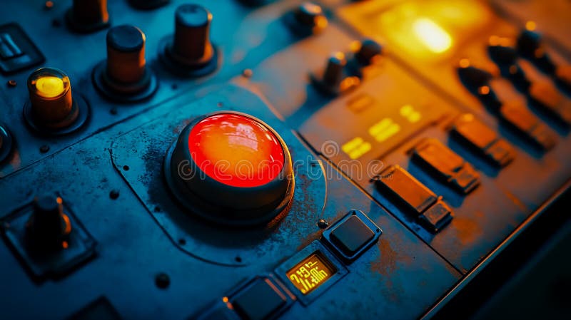 A Close-up Shot of a Bright Red Nuclear Button on a Control Panel ...