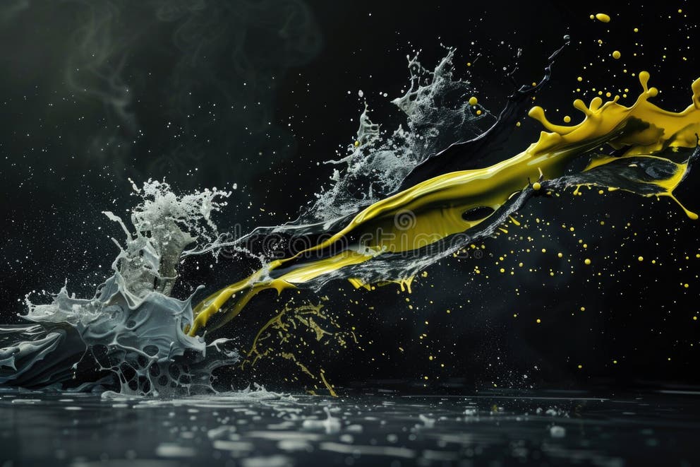 A Close-up Shot of a Bright Yellow Liquid Splashed on a Black Surface ...