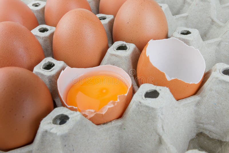 A Close Up Shot of a Broken Egg in an Egg Box on a White Wooden Floor ...