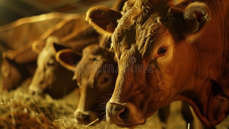Close-up Shot of Brown Cows Eating Hay in a Cowshed at Night Stock ...