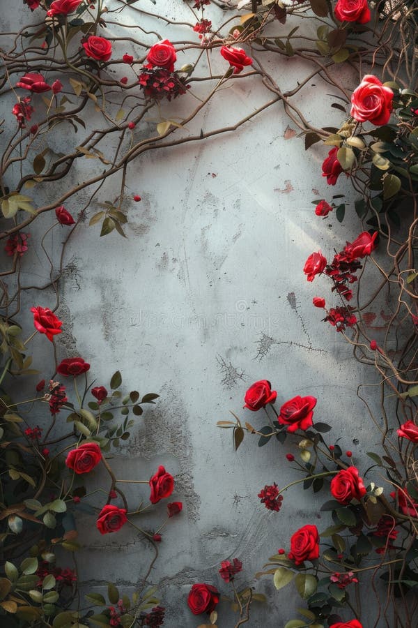 A Close-up Shot of a Bunch of Red Roses Growing on a Brick or Stone ...