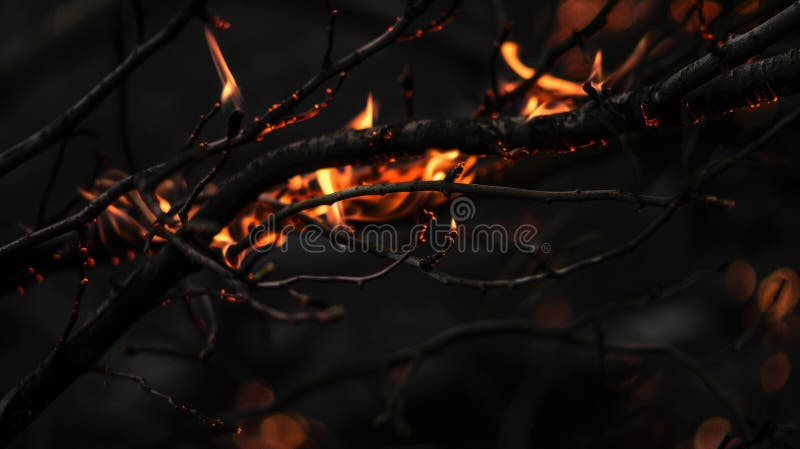 A Close-up Shot of Burning Embers on a Tree Branch, Flames and Sparks ...