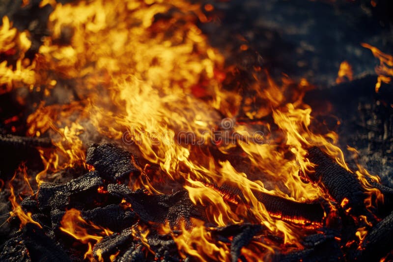 A Close-up Shot of a Burning Pile of Fire with Flames and Smoke Stock ...