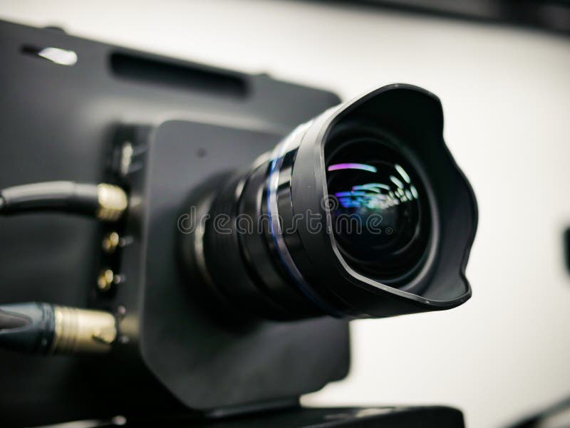 Close Up Shot of Camera Lens Set Up Filming in the Studio. Reflection ...