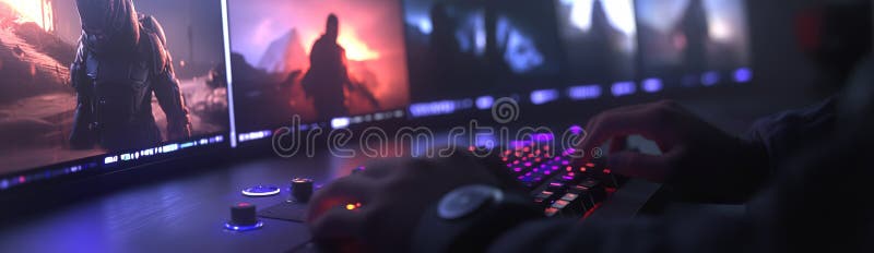 A Close-up Shot Captures Hands Editing Video on a Control Panel with Multiple Screens Displaying ...