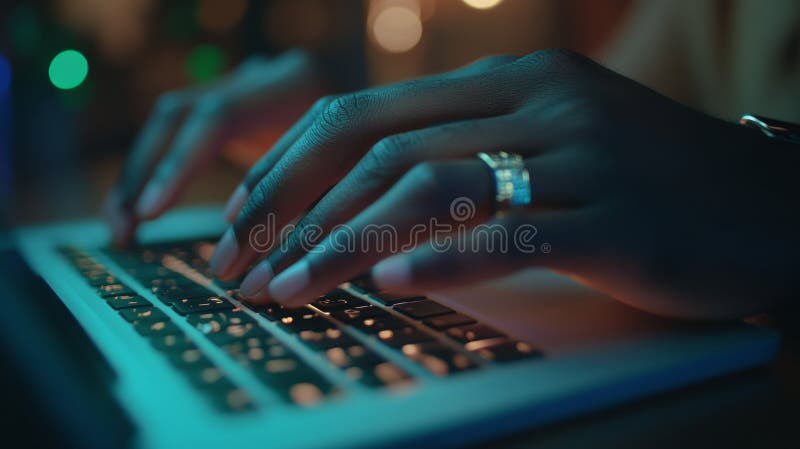 A Close-up Shot Captures Hands Typing on a Laptop Keyboard that is ...