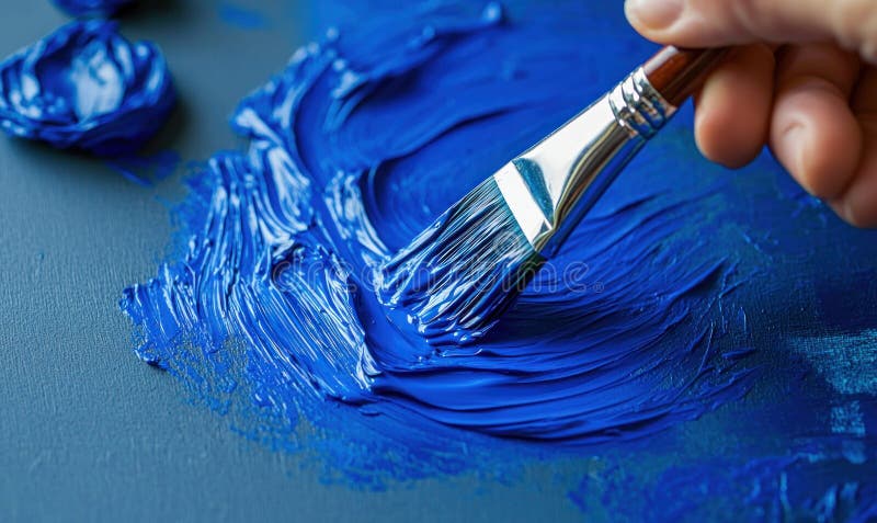 A Hand Skillfully Applies Vibrant Blue Paint To a Canvas with a Brush ...