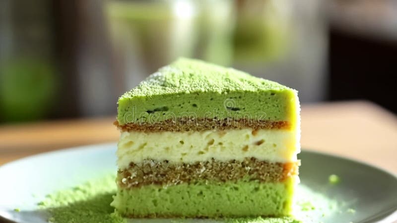 Matcha Green Tea Layer Cake Slice Dusted with Powder on a Pale Green ...
