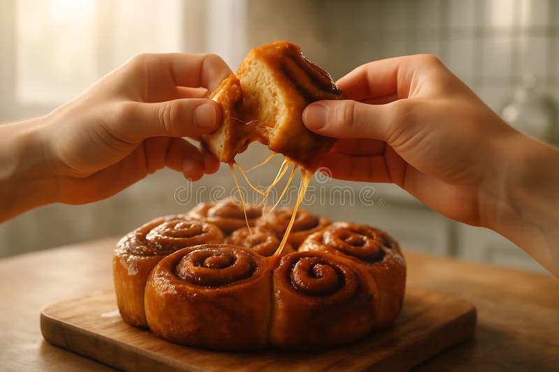 Hands Pulling Apart Warm Sticky Cinnamon Roll with Glaze AI Generated ...