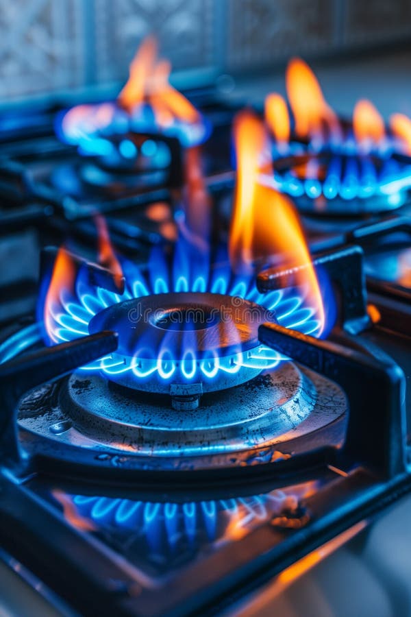 Close-up Shot of Intense Blue Propane Gas Flames on Kitchen Stove Top ...