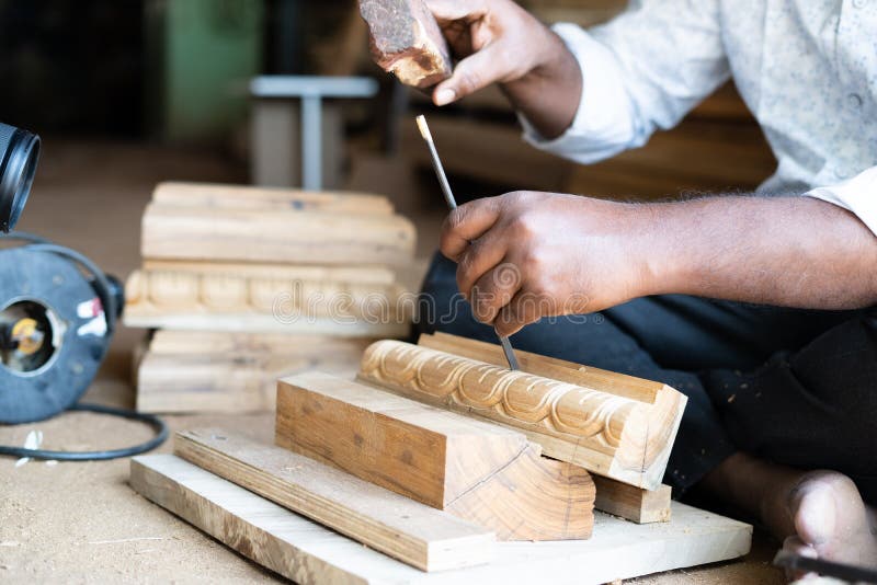 Close Up Shot of Carpenter Making Wood Design by Using Carpentry Tools ...