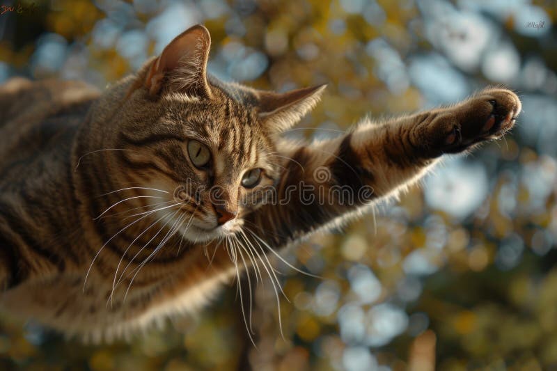 A Close-up Shot of a Cat Stretching Its Paw in Mid-air, with a Calm and ...