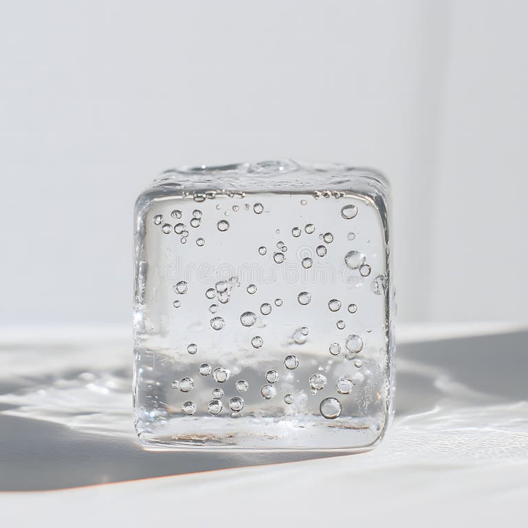 Close Up Shot of a Clear Ice Cube with Bubbles Inside on a White ...