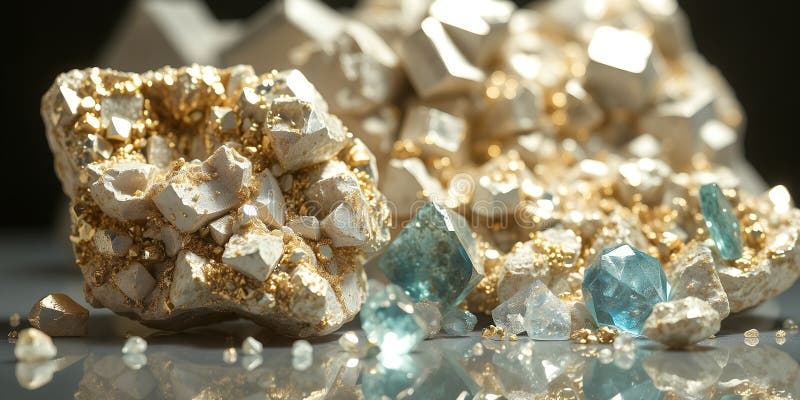Close Up Shot of a Cluster of White and Gold Crystals with Blue ...