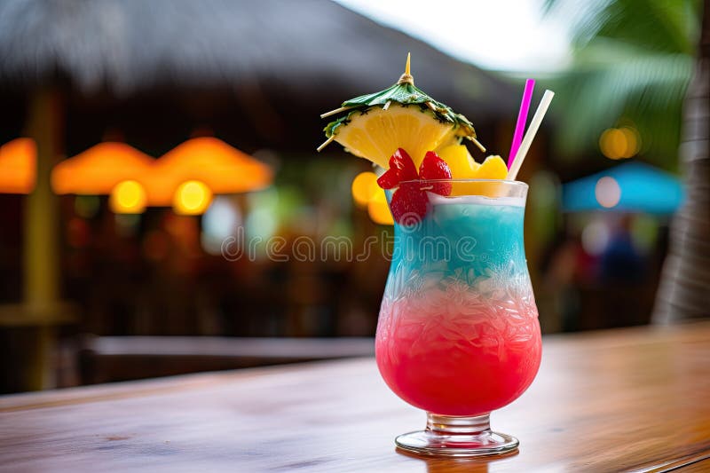 A Close Up Shot Of A Colorful Tropical Cocktail On A Beachside Bar