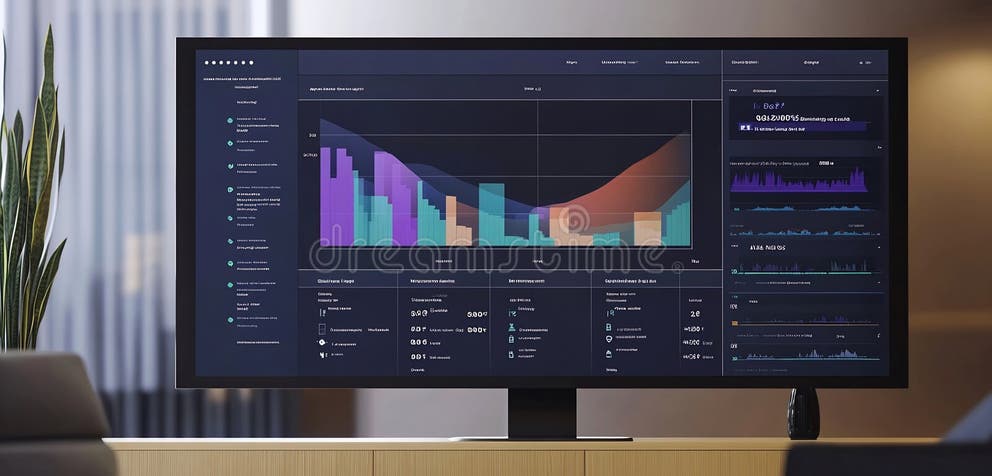 Close Up Of A Computer Monitor Displaying A Data Dashboard With Graphs And Charts Stock