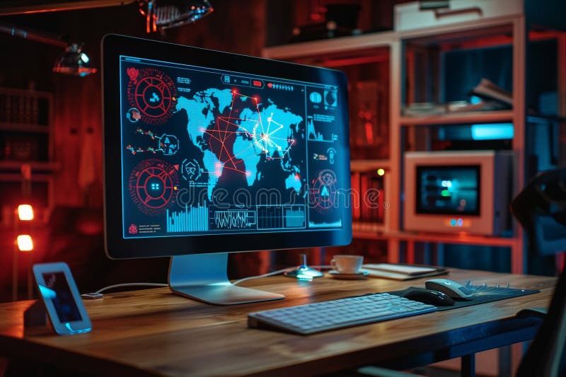 Computer with World Map Displaying Data Stock Illustration - Illustration of programming ...