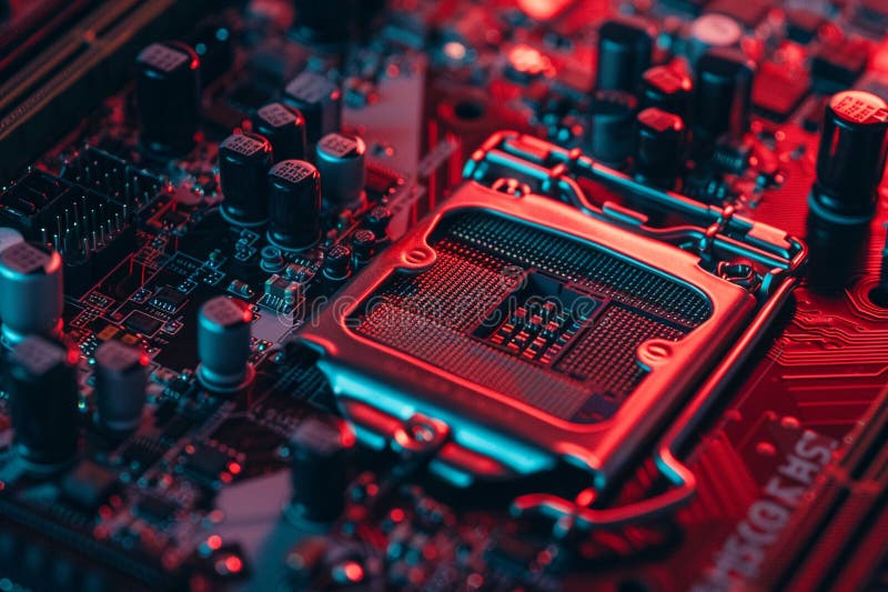 Closeup of a Computer Motherboard with Red Lighting Stock Photo - Image ...