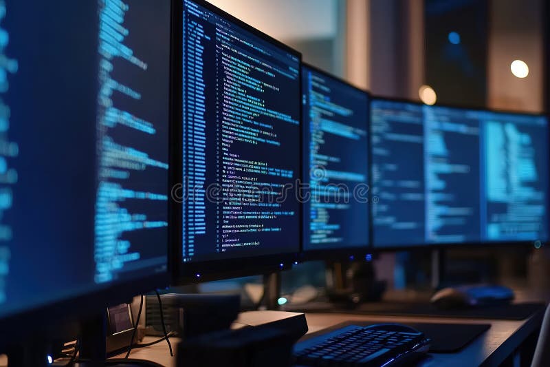 Digital Trinity: Close-up of Computer Screens Showing Repeating Lines ...