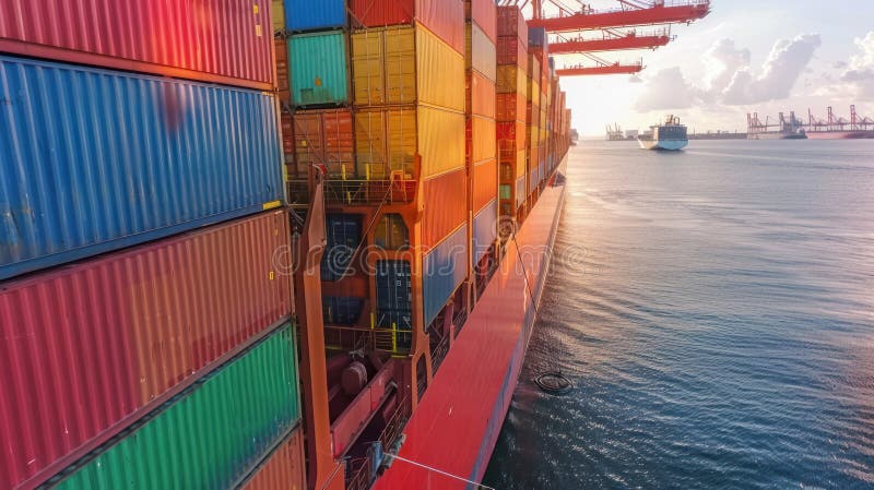 A Close-up Shot of a Container Ship Docked at a Port Stock Illustration ...