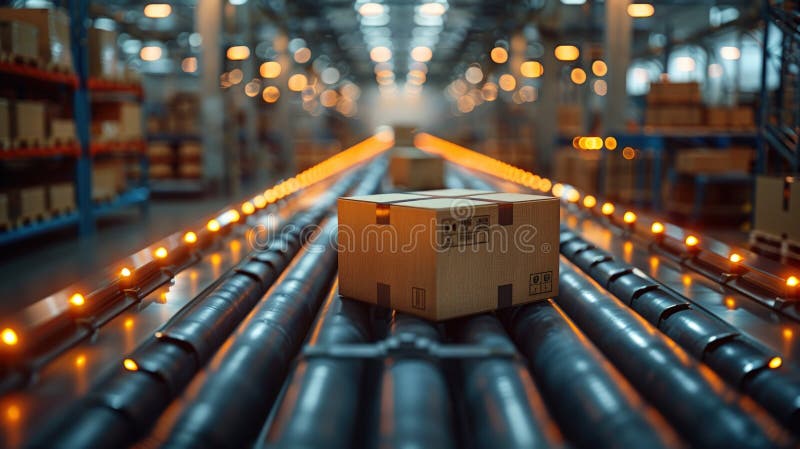 A Close-up Shot of a Conveyor Belt in a Warehouse, with Packages Moving ...
