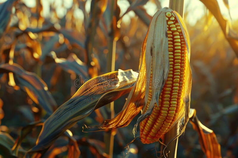 A Close-up Shot of a Corn Stalk Growing in a Green Field Stock Photo ...