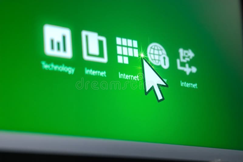 Close Up of a Cursor on a Green Screen Displaying Internet Icons for ...