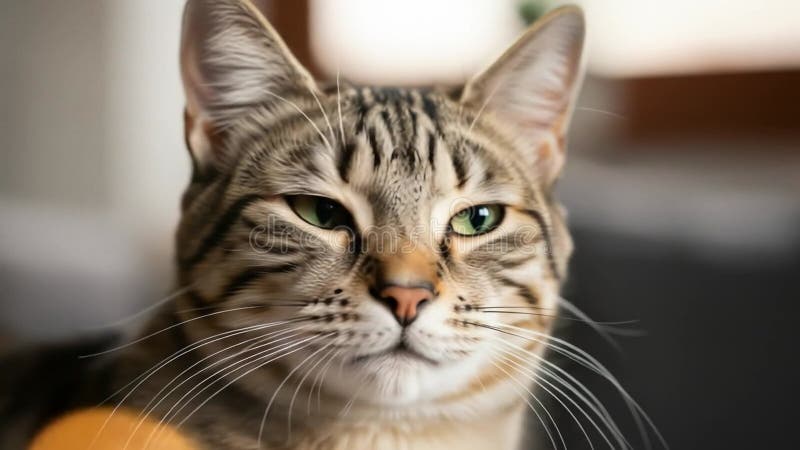 Close Up Shot of a Cute Tabby Cat Looking Directly at the Camera in ...